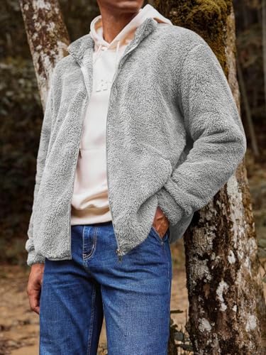 Mens Fuzzy Sherpa Jacket Cardigan Fleece Long Sleeve Full Zip Open Front Thermal Coat Fall Winter Outwear (Medium, Grey)