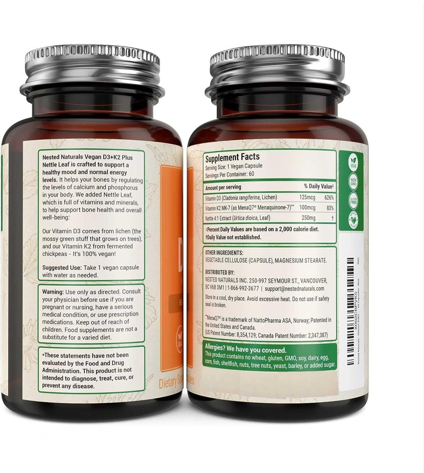 Nested Naturals β Vitamin D3+K2 | Supports a Healthy Immune System, Heart, & Strong Bones | 100% Vegan & Non GMO | 5000 IU Vitamin D3 from Lichen with 100 mcg Vitamin K2 MK-7-60 D3K2 Capsules