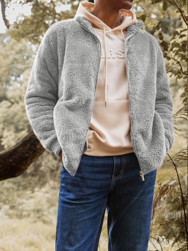 Mens Fuzzy Sherpa Jacket Cardigan Fleece Long Sleeve Full Zip Open Front Thermal Coat Fall Winter Outwear (Medium, Grey)