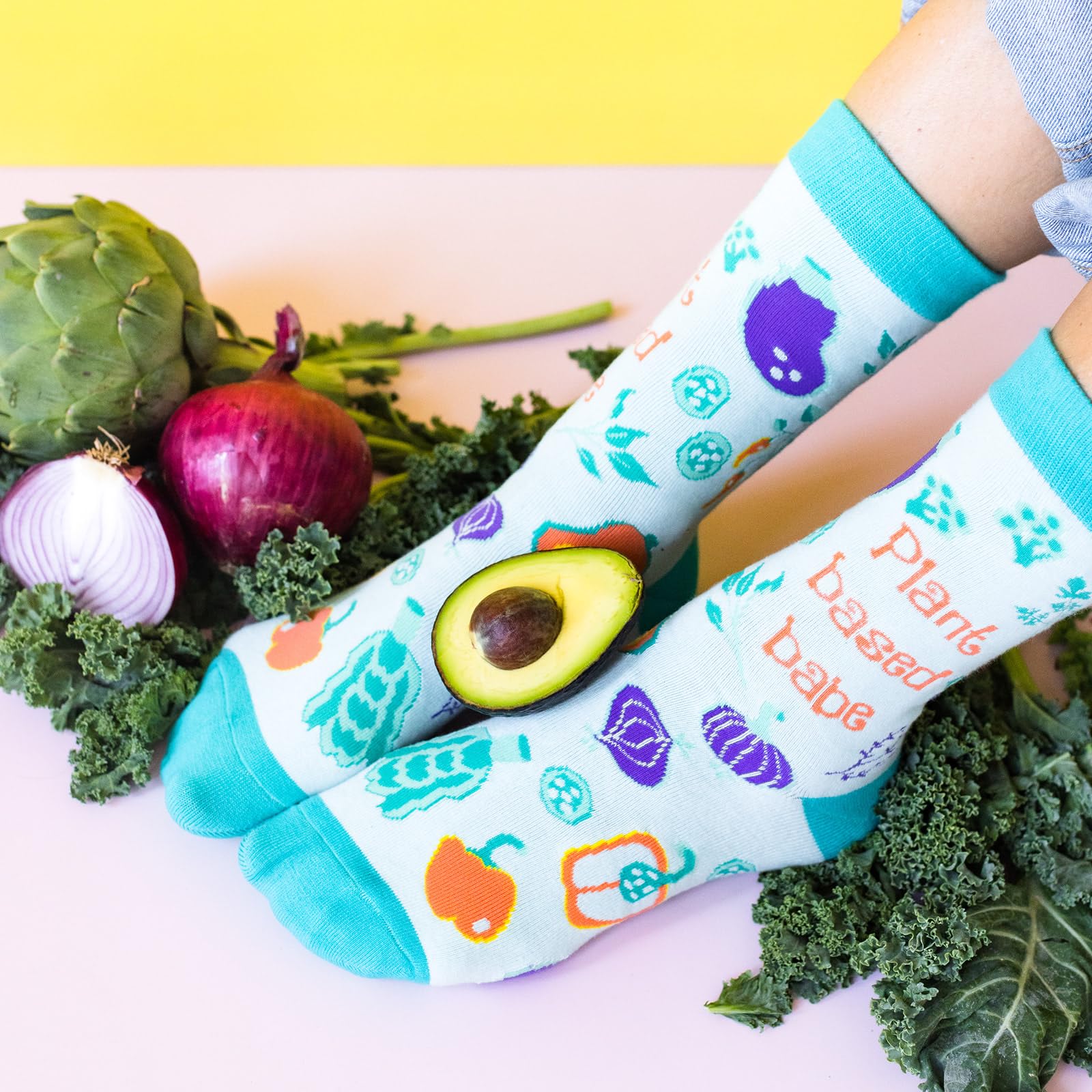 Lavley Funny Novelty Socks for Women - Unisex One Size Fits Most - Gifts for Her, Moms, Grandmas and More (US, Alpha, One Size, Regular, Regular, Plant-based Babe)