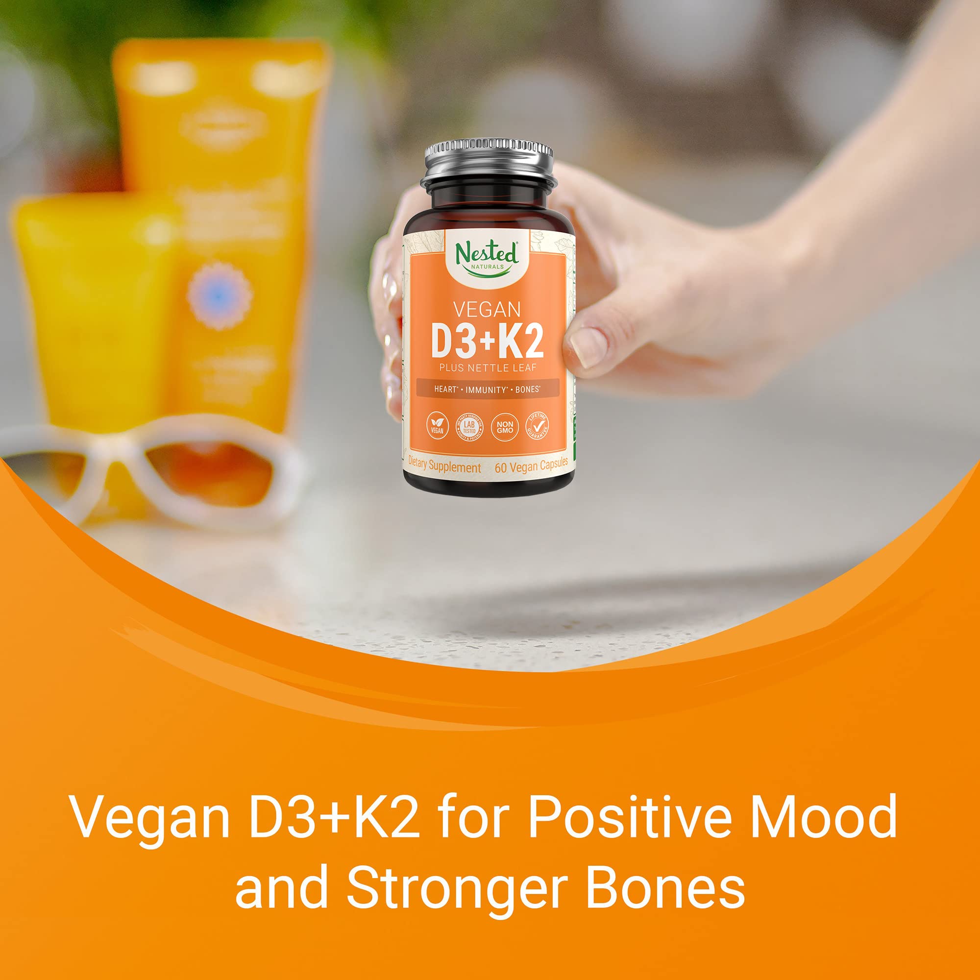 Nested Naturals β Vitamin D3+K2 | Supports a Healthy Immune System, Heart, & Strong Bones | 100% Vegan & Non GMO | 5000 IU Vitamin D3 from Lichen with 100 mcg Vitamin K2 MK-7-60 D3K2 Capsules