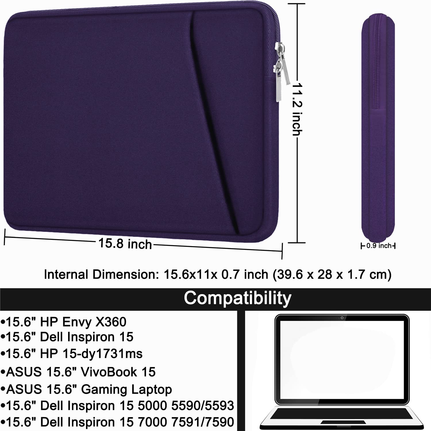 Laptop Sleeve Case 15.6 inch, Shockproof Protective Cover, Handbags Portable Laptop Bag for 15.6 inch HP Dell Asus Lenovo Notebook Computer Case with Front Pocket, Purple