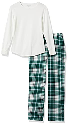 Amazon Essentials Women's Lightweight Flannel Pant and Long-Sleeve T-Shirt Sleep Set, Green/White/Clay, Plaid, Medium