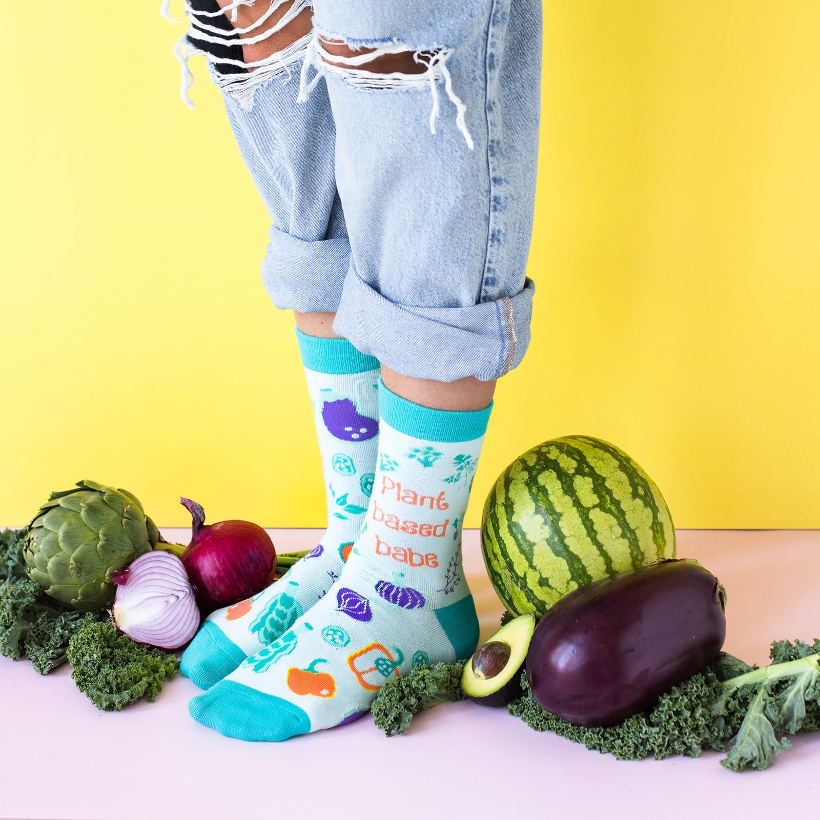 Lavley Funny Novelty Socks for Women - Unisex One Size Fits Most - Gifts for Her, Moms, Grandmas and More (US, Alpha, One Size, Regular, Regular, Plant-based Babe)