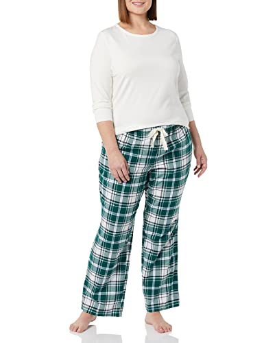 Amazon Essentials Women's Lightweight Flannel Pant and Long-Sleeve T-Shirt Sleep Set, Green/White/Clay, Plaid, Medium
