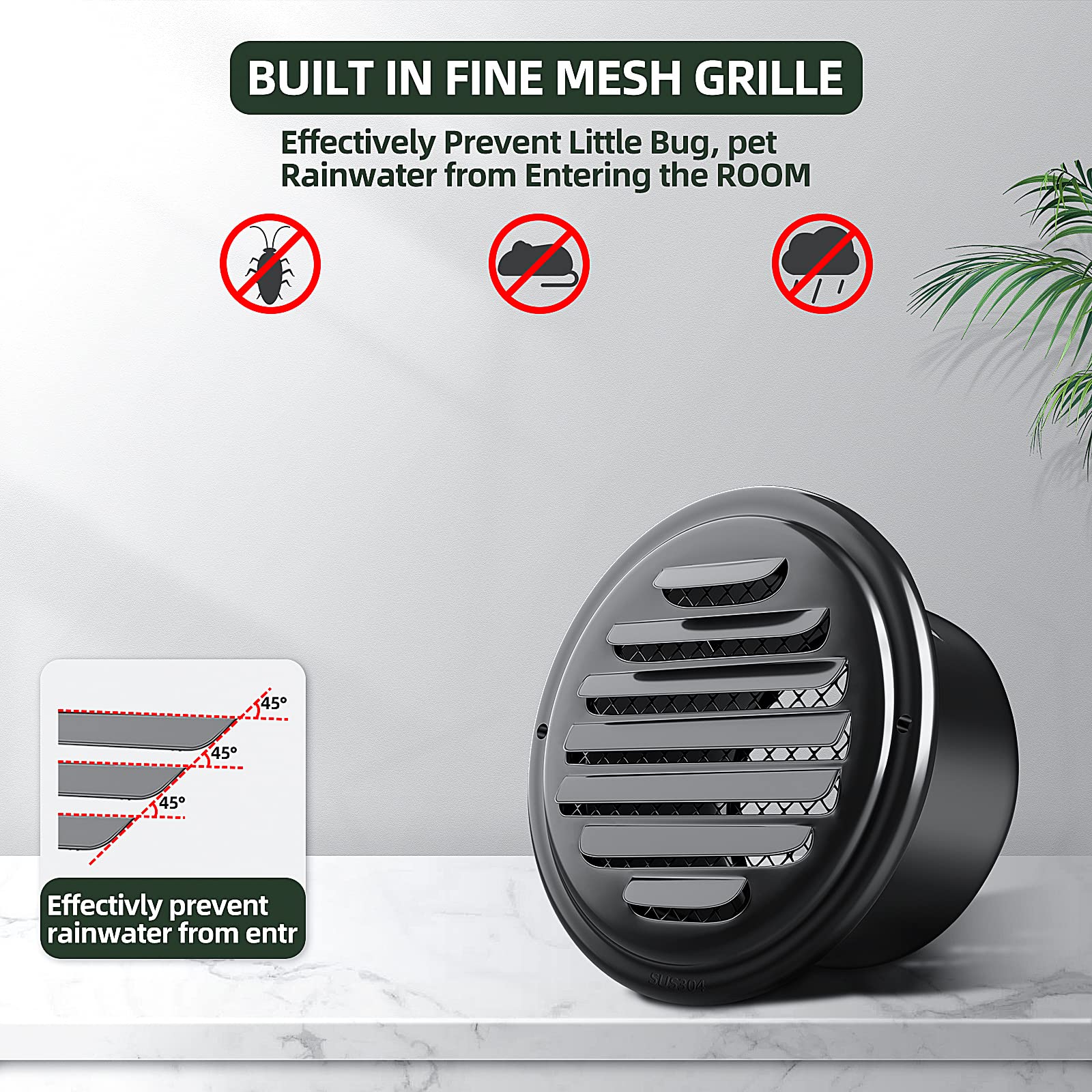 6inch 304 Stainless Steel Air Vents Cover, piiyoosnn Louvered Grille Cover Vent Flat Ducting Air Vent Wall Inlet with Built-in a Fly Screen Mesh for HVAC Ventilation