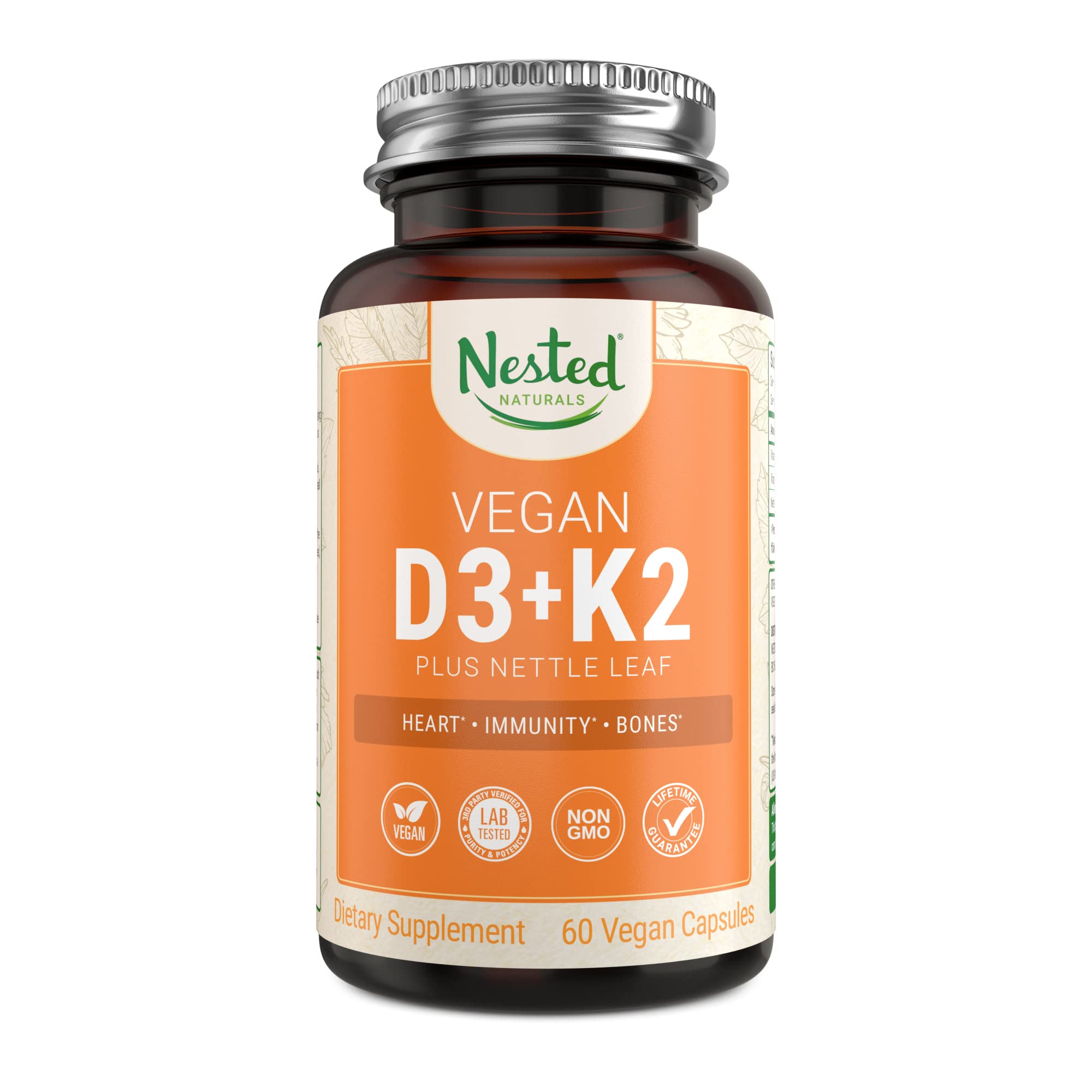 Nested Naturals – Vitamin D3+K2 | Supports a Healthy Immune System, Heart, & Strong Bones | 100% Vegan & Non GMO | 5000 IU Vitamin D3 from Lichen with 100 mcg Vitamin K2 MK-7-60 D3K2 Capsules