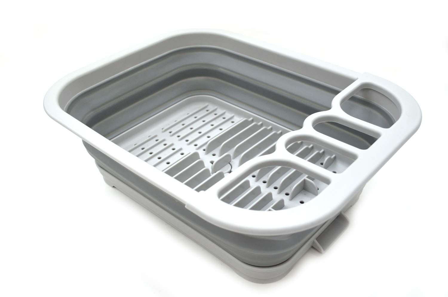 SAMMART Collapsible Dish Drainer with Drainer Board - Foldable Drying Rack Set - Portable Dinnerware Organizer - Space Saving Kitchen Storage Tray (1, Grey)