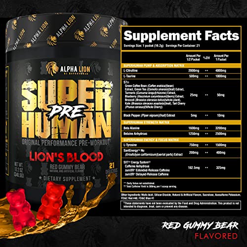 ALPHA LION Pre Workout Powder, Beta Alanine, L-Taurine & Tri-Source Caffeine for Sustained Energy & Focus, Nitric Oxide & Citrulline for Pump (21 Servings, Lion's Blood Flavor)