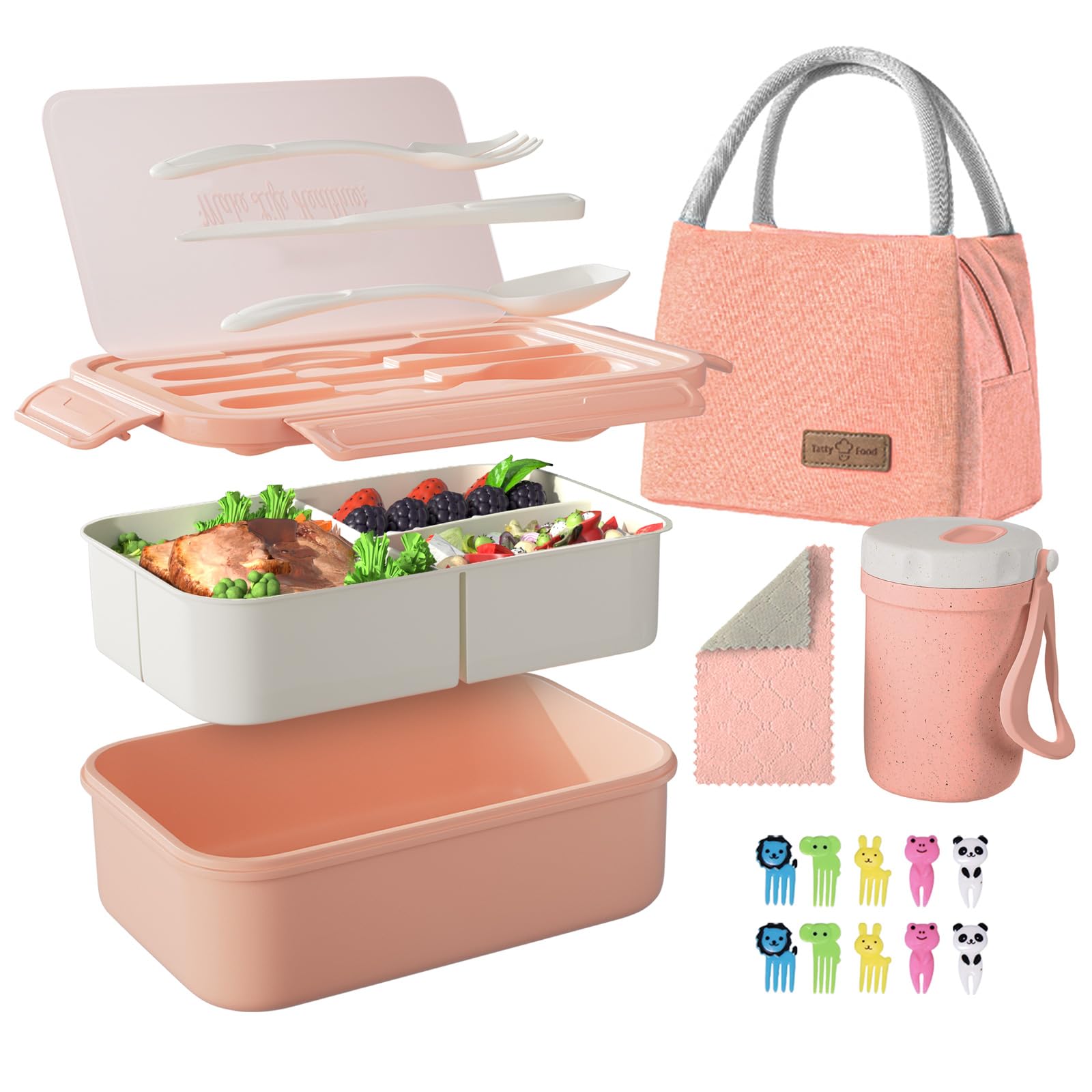 ZMYGOLON Bento Lunch Box for Kids, Lunch Bento Box Container Leak-proof for Kids Adults Teens School, Lunch Containers with 3 Compartments and Cup,Lunch Bag,Spoon,Fork (Pink)