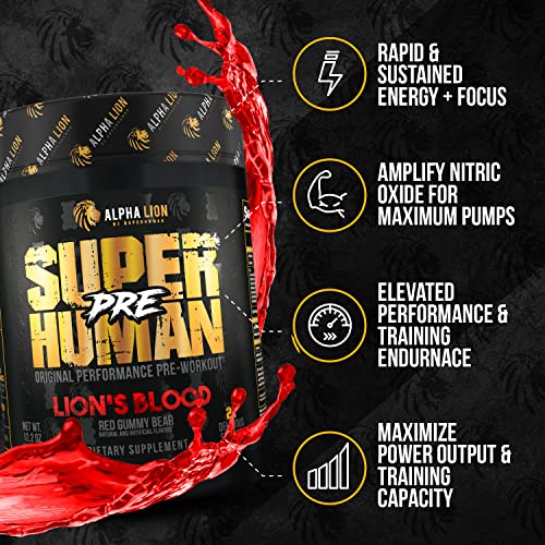 ALPHA LION Pre Workout Powder, Beta Alanine, L-Taurine & Tri-Source Caffeine for Sustained Energy & Focus, Nitric Oxide & Citrulline for Pump (21 Servings, Lion's Blood Flavor)