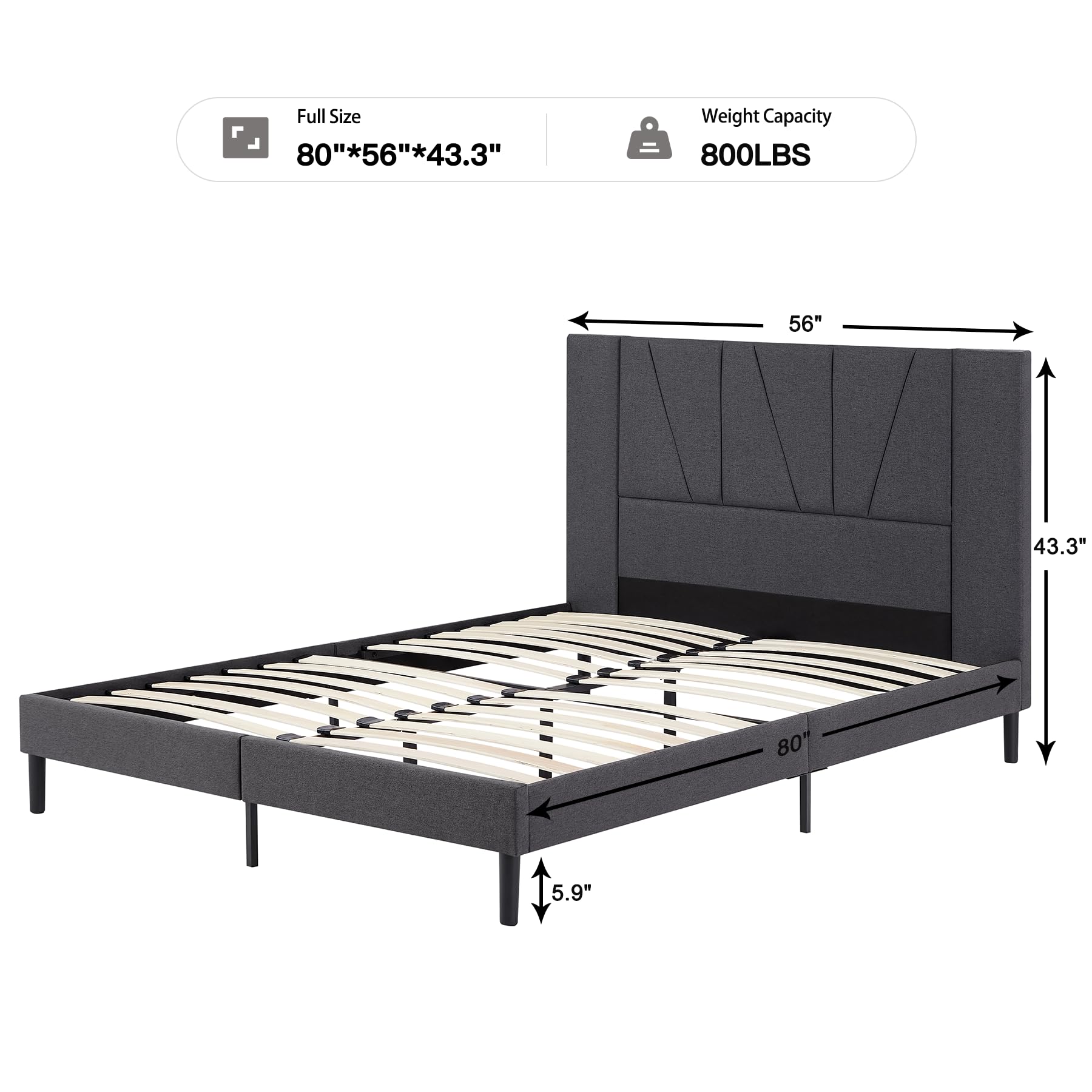 Flolinda Full Size Bed Frame Upholstered Platform with Complete Headboard and Strong Wooden Slats, No Box Spring Needed, Easy Assembly, Dark Grey