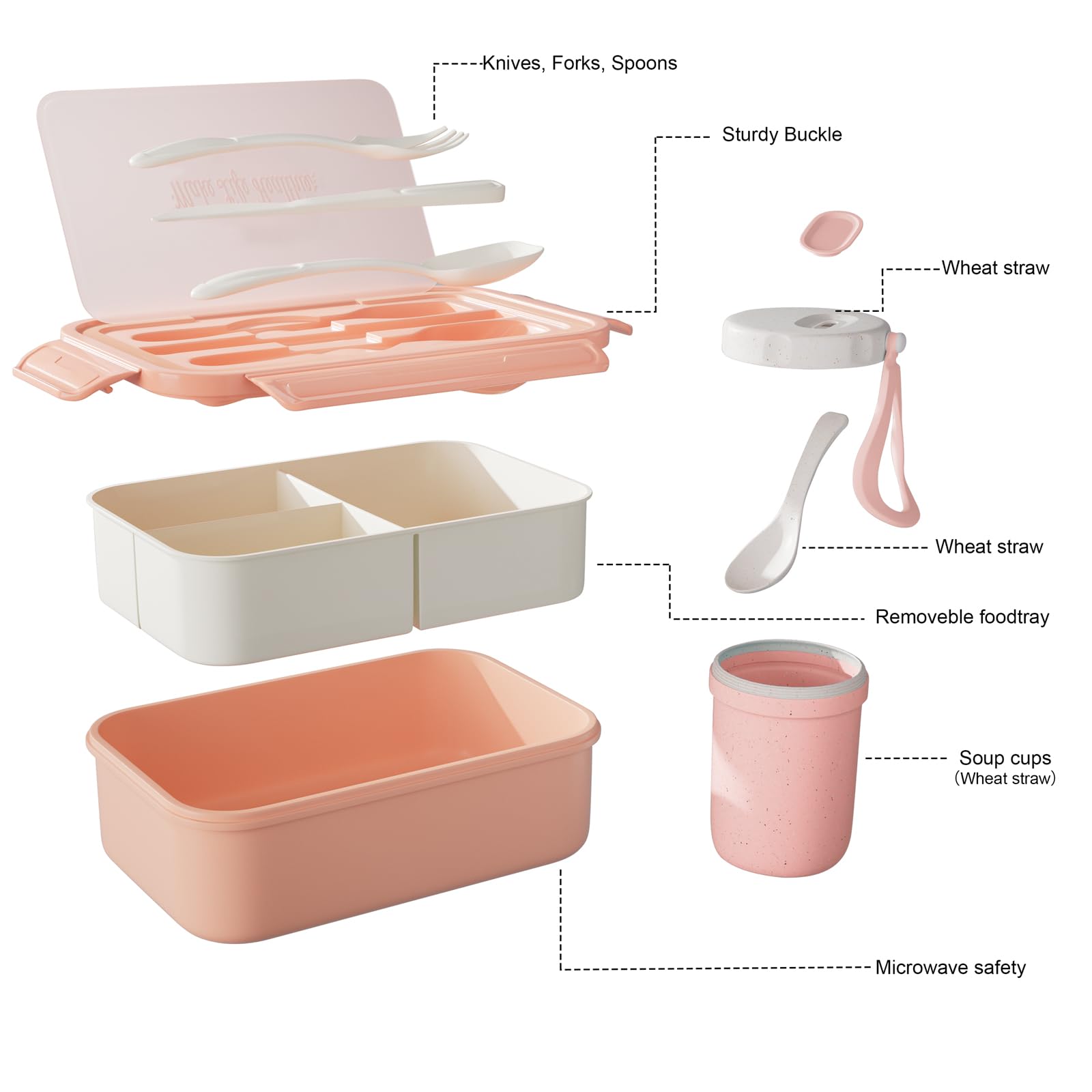 ZMYGOLON Bento Lunch Box for Kids, Lunch Bento Box Container Leak-proof for Kids Adults Teens School, Lunch Containers with 3 Compartments and Cup,Lunch Bag,Spoon,Fork (Pink)
