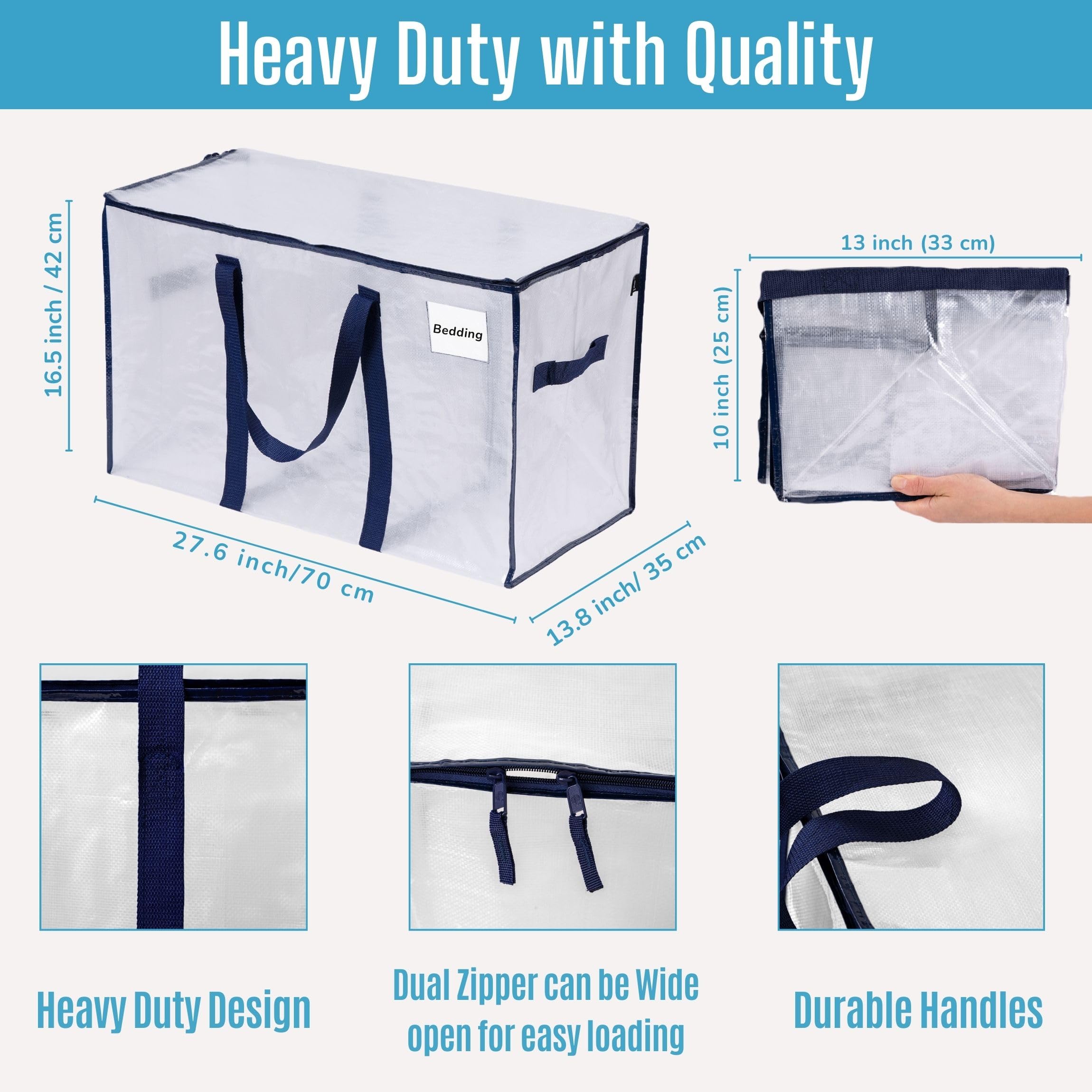 VENO 4 Pack Moving Bags, Heavy Duty, Moving Boxes Alternative, Packing Storage Supplies for Dorm Room Essentials with Zipper for Clothes, Extra Large Totes for Packaging (Clear, 4 Pack)