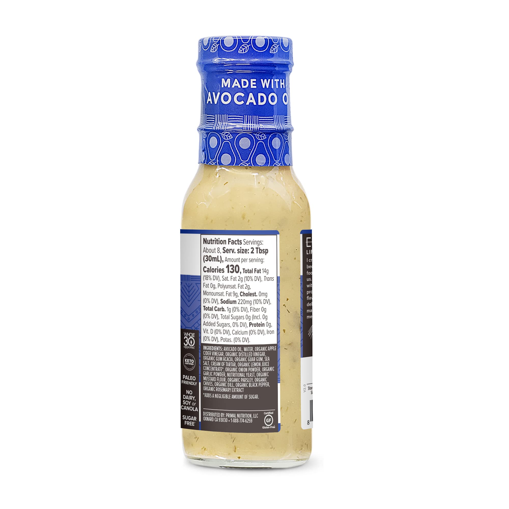 Primal Kitchen Vegan Ranch Salad Dressing & Marinade made with Avocado Oil, Whole30 Approved, Paleo Friendly, and Keto Certified, 8 Fluid Ounces
