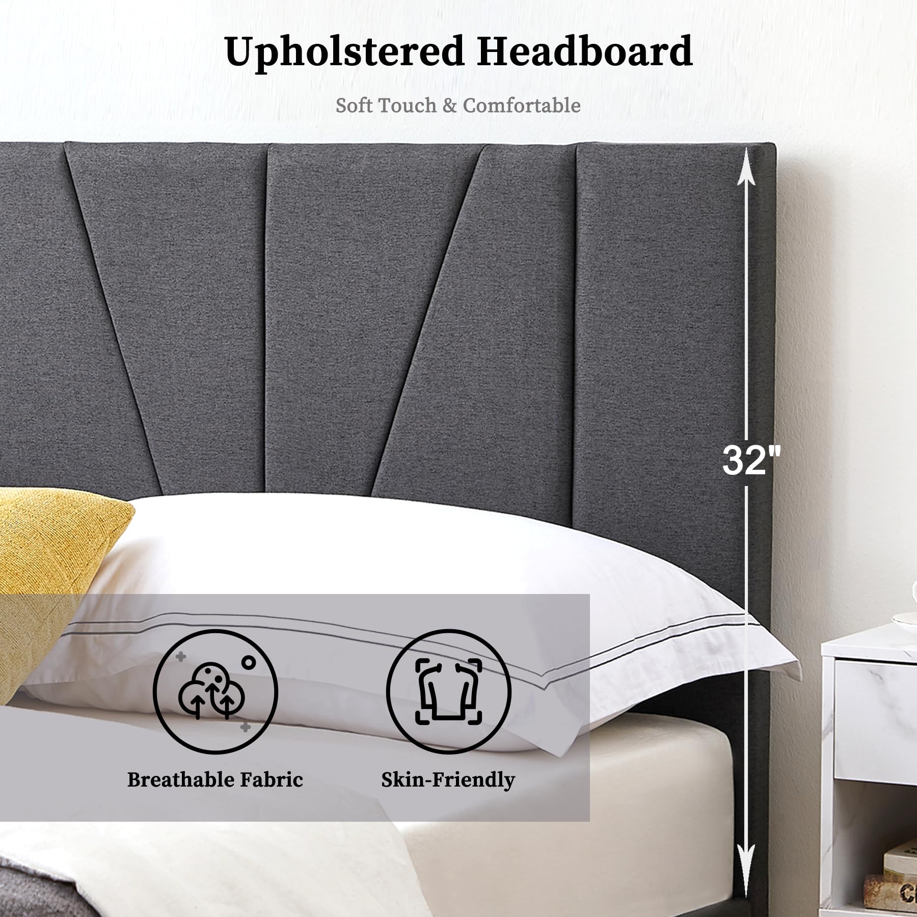 Flolinda Full Size Bed Frame Upholstered Platform with Complete Headboard and Strong Wooden Slats, No Box Spring Needed, Easy Assembly, Dark Grey
