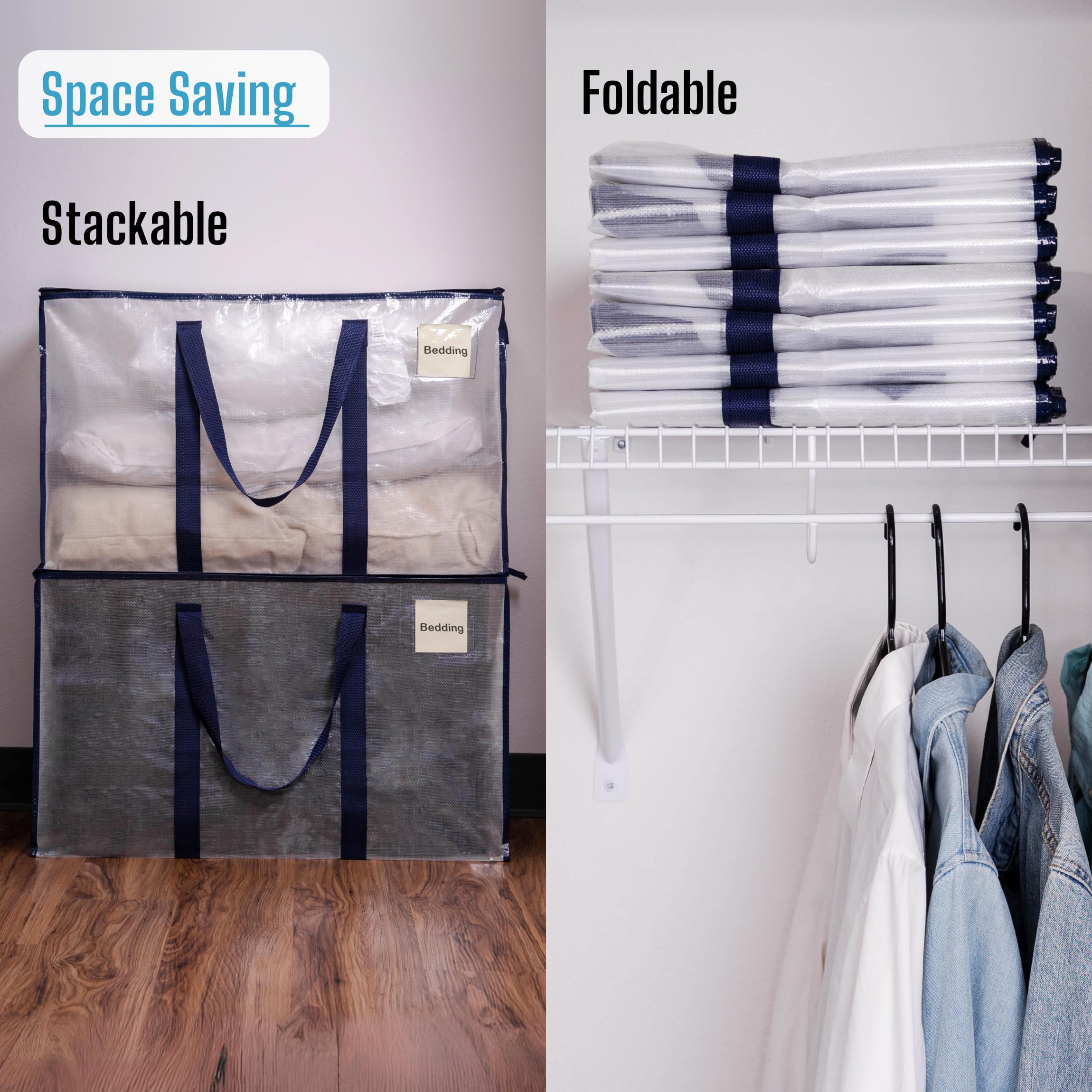 VENO 4 Pack Moving Bags, Heavy Duty, Moving Boxes Alternative, Packing Storage Supplies for Dorm Room Essentials with Zipper for Clothes, Extra Large Totes for Packaging (Clear, 4 Pack)