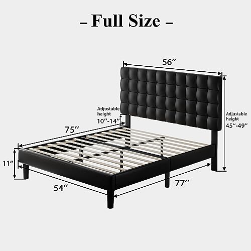 iPormis Full Size Platform Bed Frame, Faux Leather Upholstered Bed Frame with Square Tufted Headboard, Wood Slats Support, No Box Spring Needed, Easy Assembly, Black