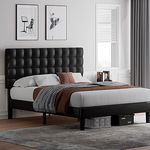 iPormis Full Size Platform Bed Frame, Faux Leather Upholstered Bed Frame with Square Tufted Headboard, Wood Slats Support, No Box Spring Needed, Easy Assembly, Black