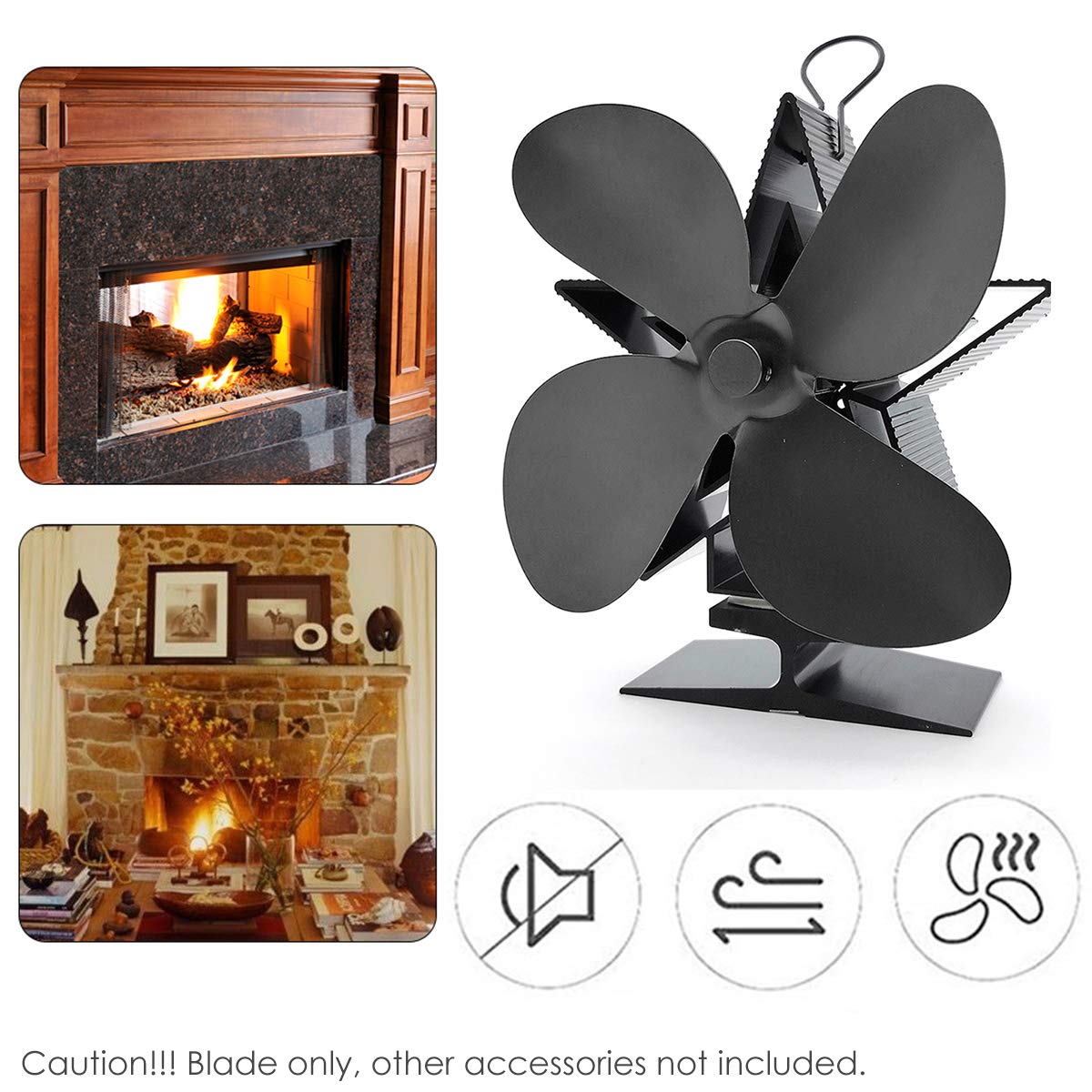 Stove Fan Blade Replacement, 4 Blade Fireplace Fan Heat Powered Stove Fan 4 Blade for Wood/Log Burner/Fireplace