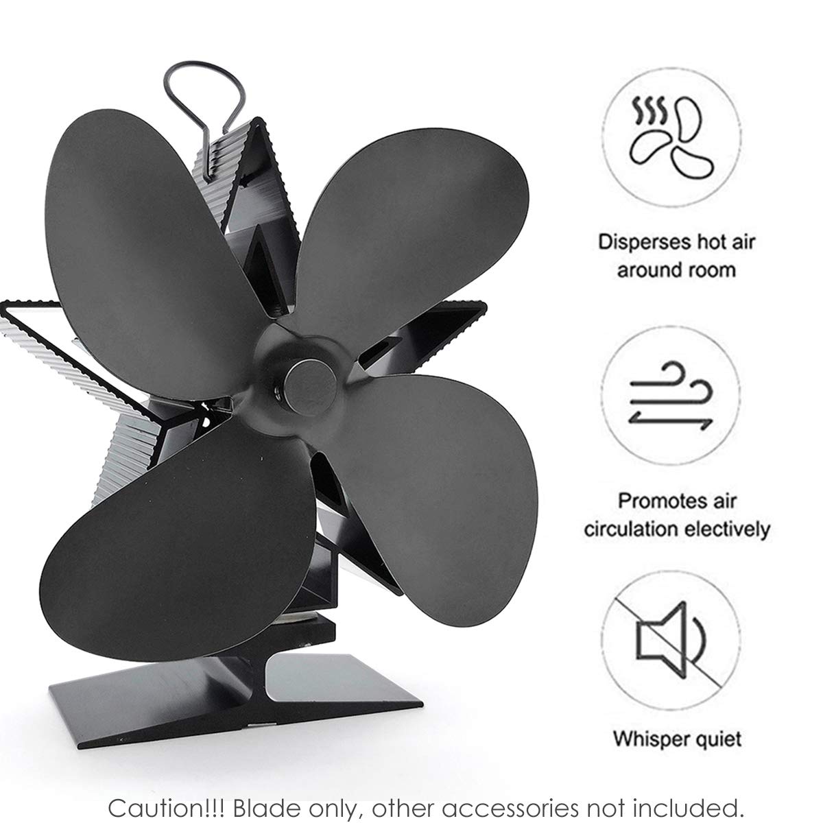 Stove Fan Blade Replacement, 4 Blade Fireplace Fan Heat Powered Stove Fan 4 Blade for Wood/Log Burner/Fireplace