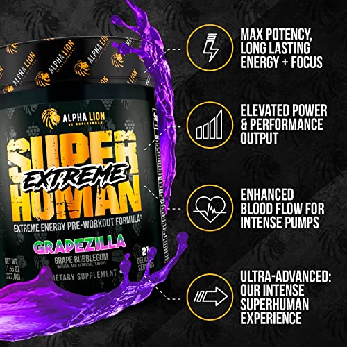 ALPHA LION Superhuman Extreme Pre Workout Powder, Beta Alanine, L-Taurine & Tri-Source Caffeine for Sustained Energy, Nitric Oxide & Citrulline for Pump (21 Servings, Grape Flavor)