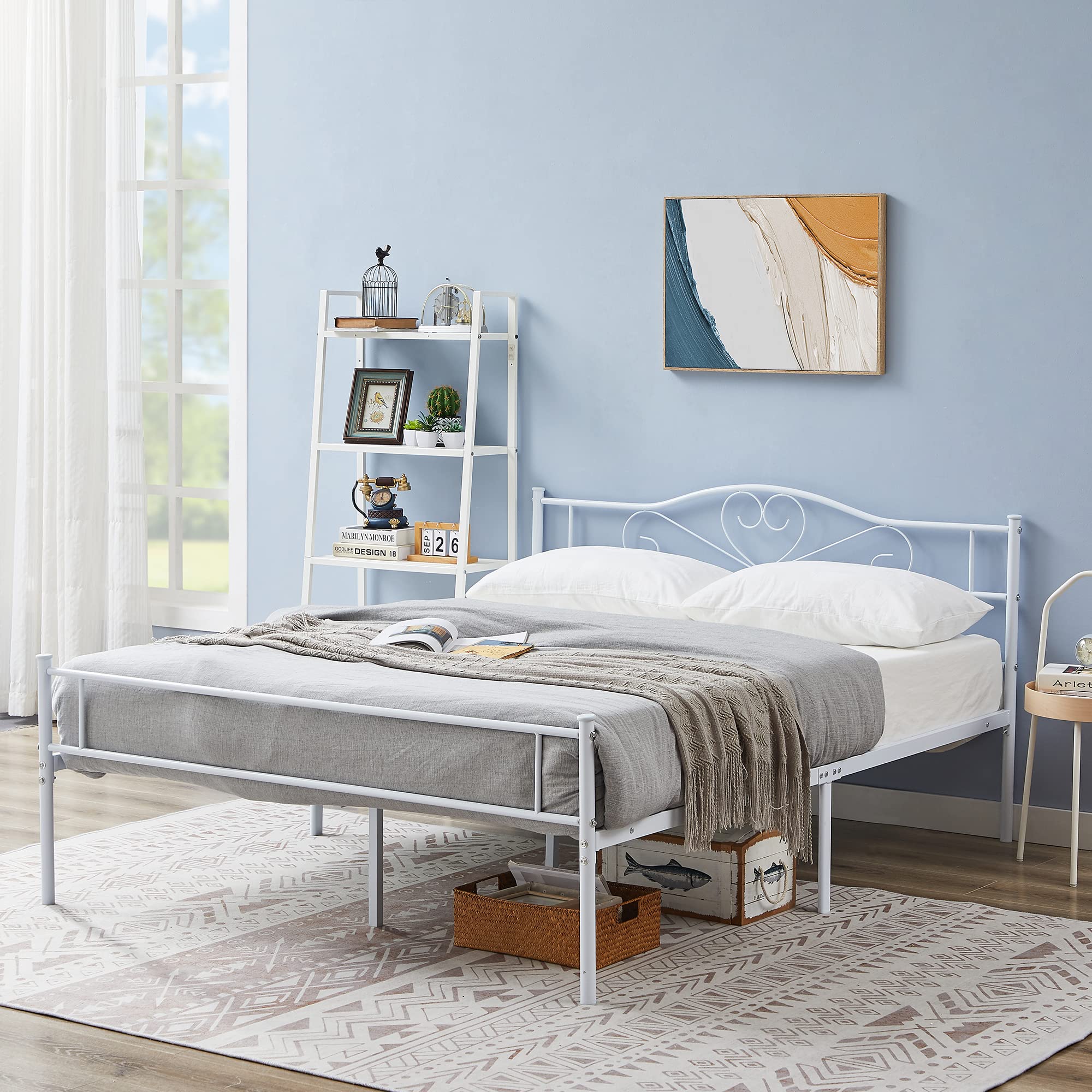 VECELO 14 Inch Full Size Metal Platform Bed Frame with Headboard and Footboard, Heavy Duty Mattress Foundation with Steel Slats Support, No Box Spring Needed, White