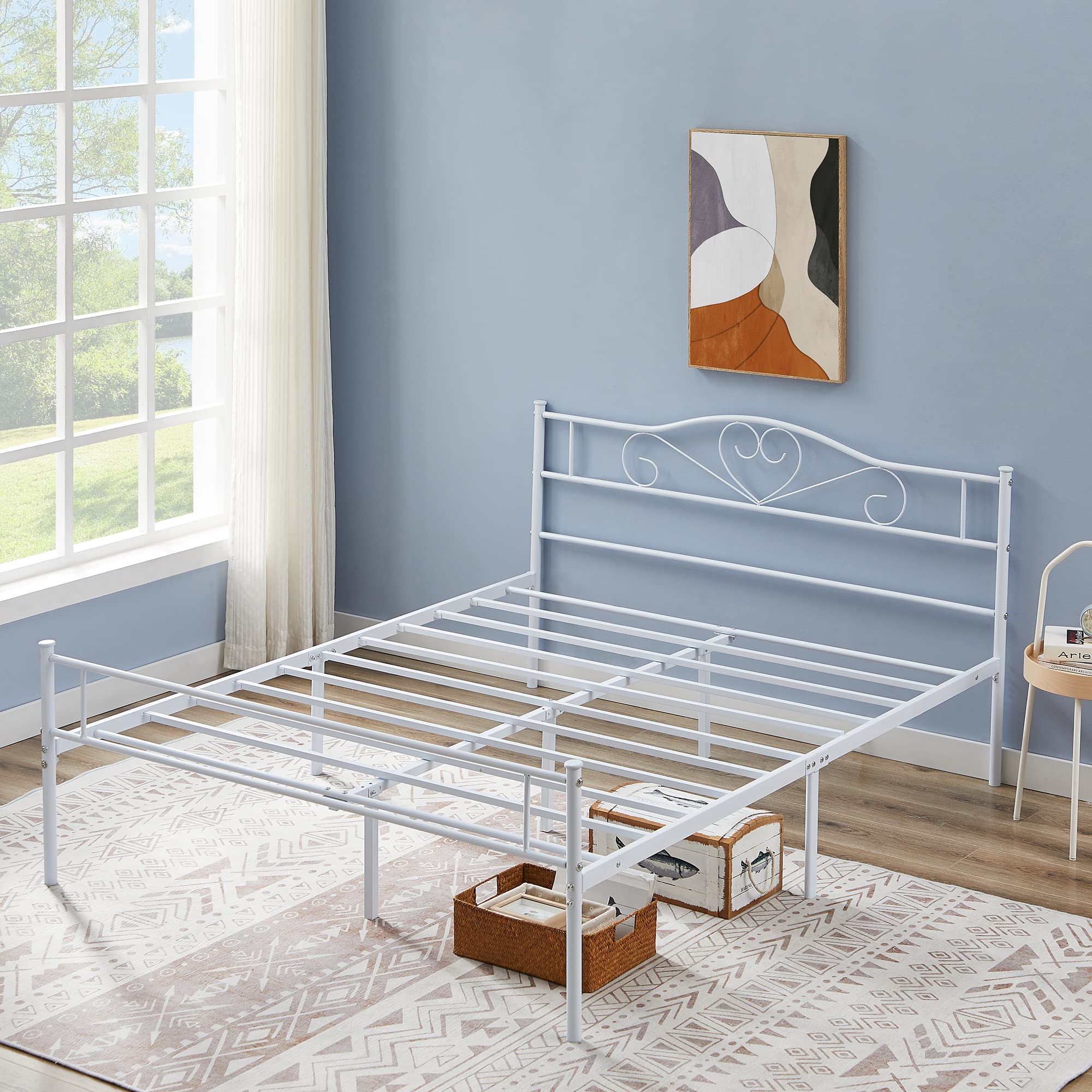 VECELO 14 Inch Full Size Metal Platform Bed Frame with Headboard and Footboard, Heavy Duty Mattress Foundation with Steel Slats Support, No Box Spring Needed, White