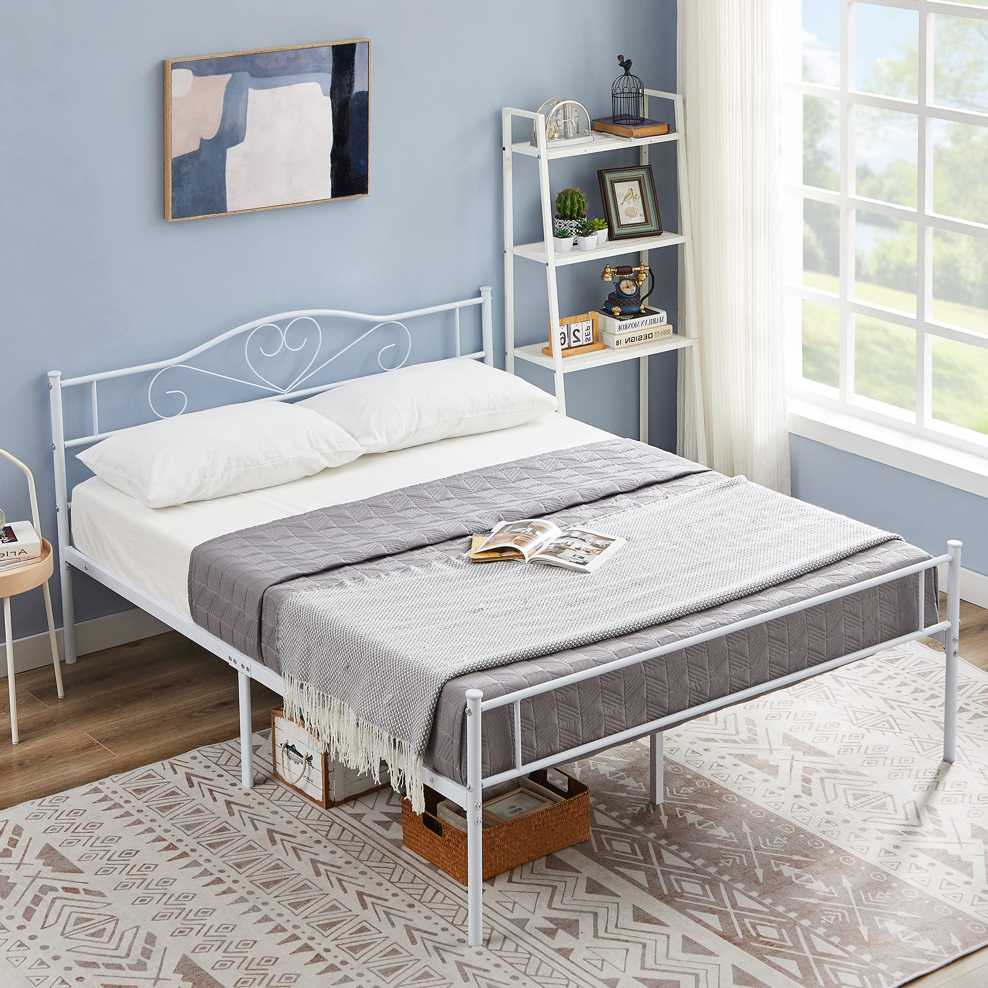VECELO 14 Inch Full Size Metal Platform Bed Frame with Headboard and Footboard, Heavy Duty Mattress Foundation with Steel Slats Support, No Box Spring Needed, White