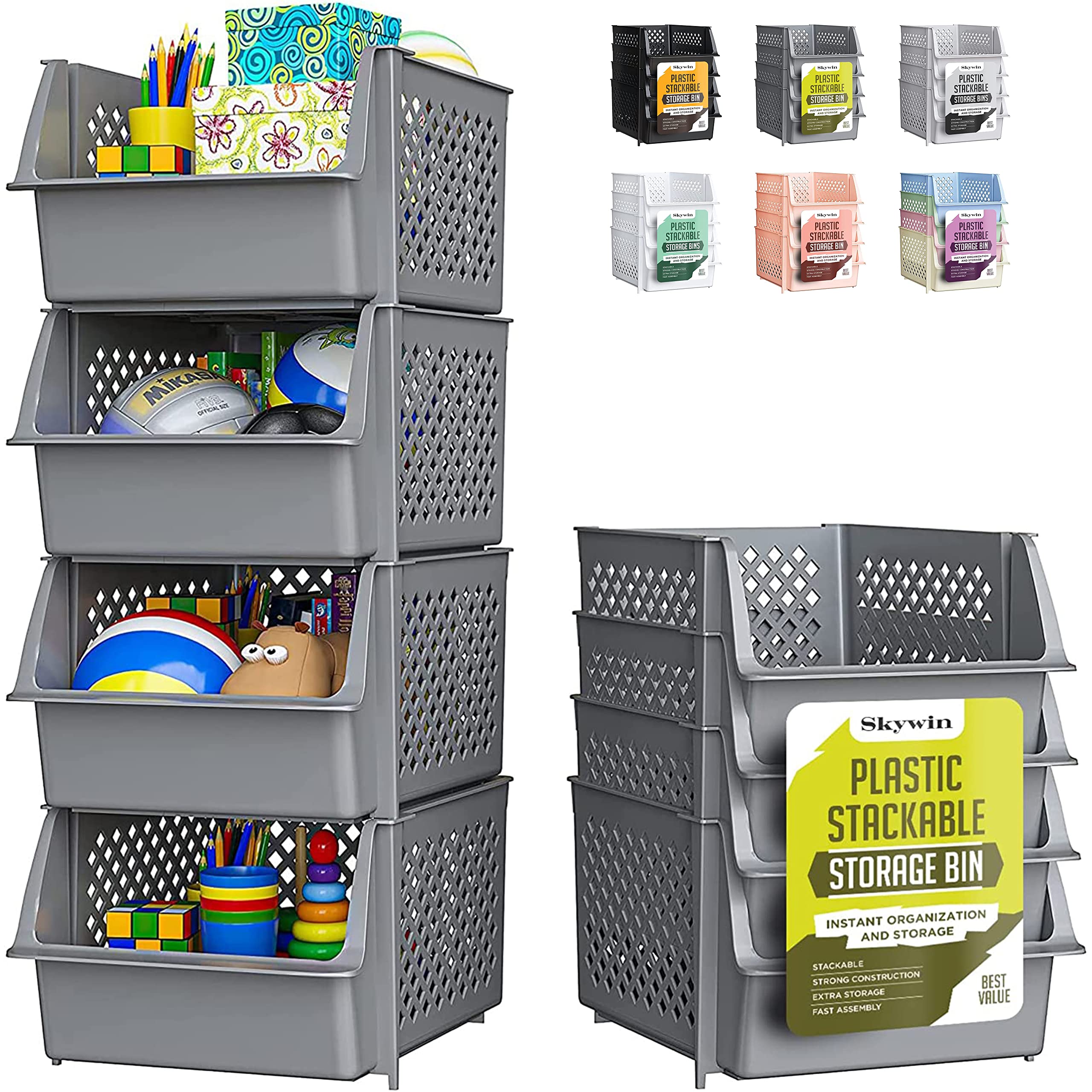 TidyFriend Stackable Storage Bins for Pantry, 4 Pack Stackable Bins For Organizing Food, Kitchen, and Bathroom Essentials (Grey)