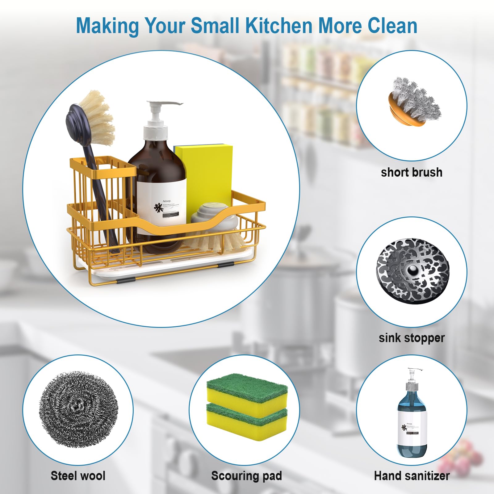 Sponge Holder Kitchen Sink Caddy Organizer, Sponge Holder for Kitchen Sink with Brush Storage, 304 Stainless Steel Black Dish Soap Holder Rack with Removable Drain Tray - Not Included Dispenser, Brush