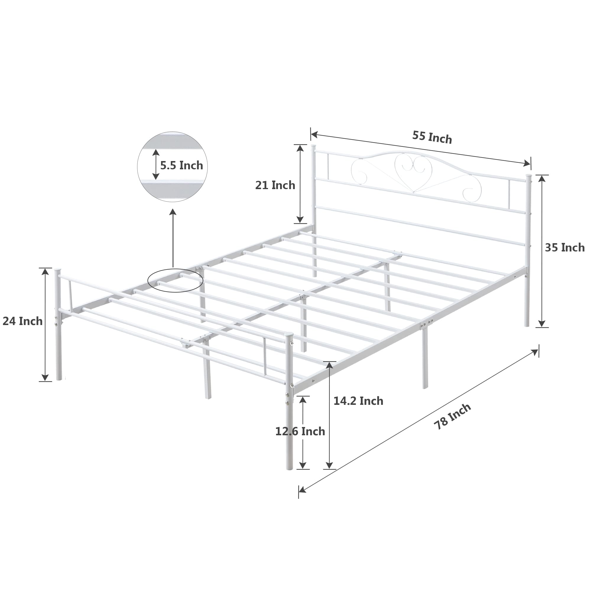 VECELO 14 Inch Full Size Metal Platform Bed Frame with Headboard and Footboard, Heavy Duty Mattress Foundation with Steel Slats Support, No Box Spring Needed, White