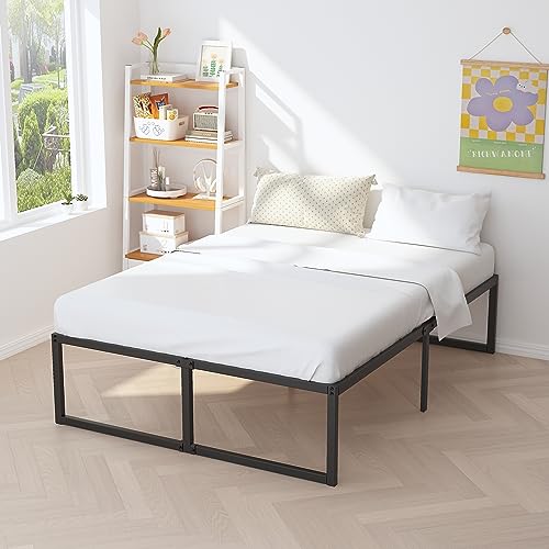 Richwanone 18 inch Full Bed Frame Metal Platform Mattress Foundation with Steel Slat Support, No Box Spring Needed, Easy Assembly, Black