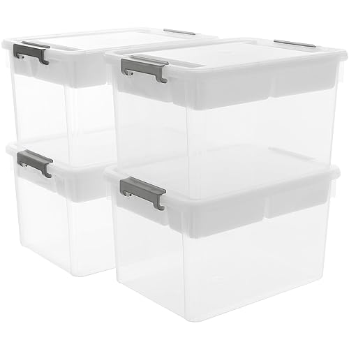 Citylife 32 QT Plastic Storage Bins with Removable Tray Large Stackable Storage Containers for Organizing Craft Storage and Storage Craft, Clothes, Files, Office Supplies, 4 Packs