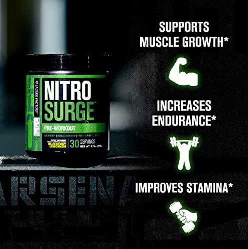 NITROSURGE Pre Workout Supplement - Endless Energy, Instant Strength Gains, Clear Focus, Intense Pumps - Nitric Oxide Booster & Powerful Preworkout Energy Powder - 30 Servings, Cherry Limeade