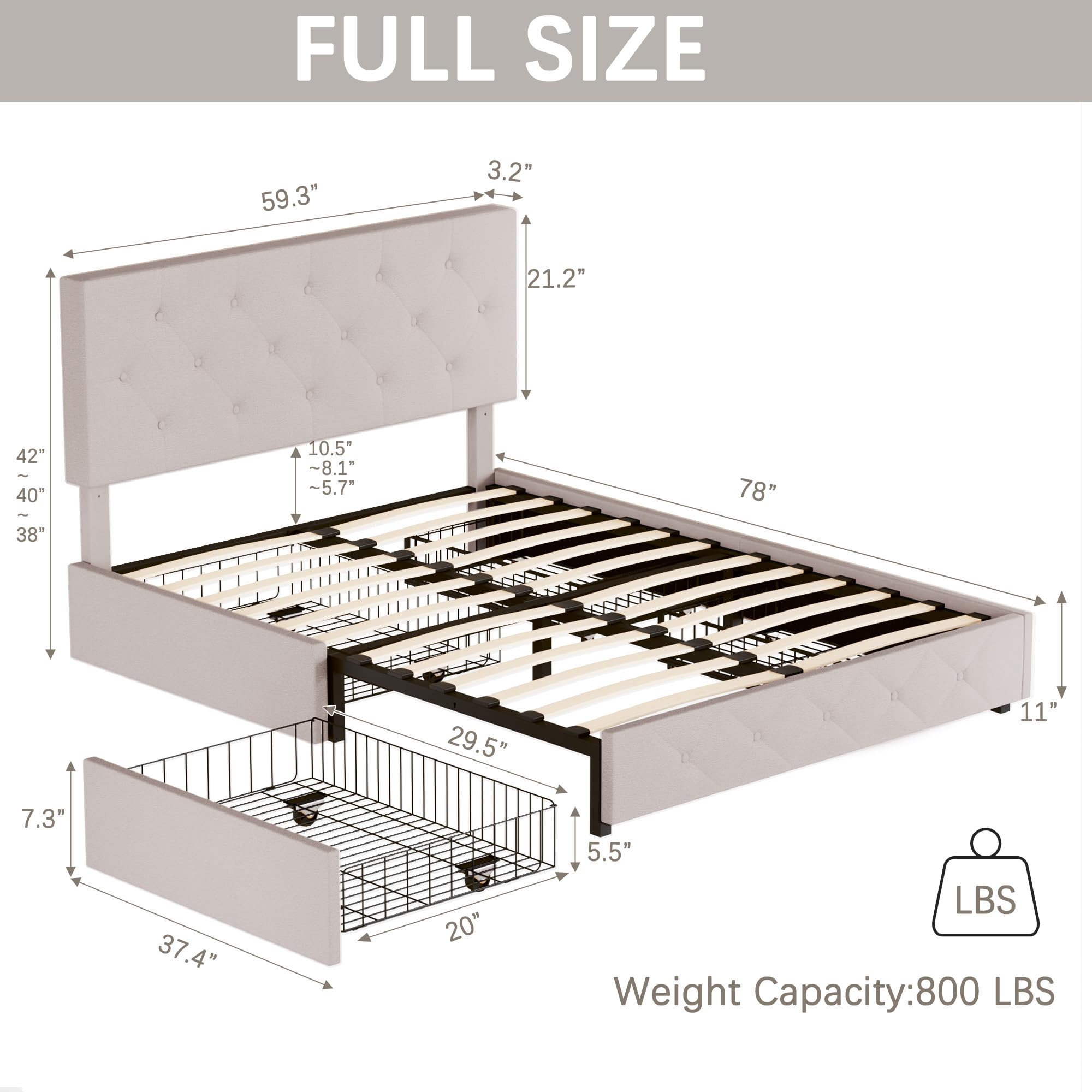 Fluest Full Bed Frame with Headboard Storage Drawers of 4 Upholstered Bed Frame Platform Adjustable Headboard Wooden Slats Support/No Box Spring Needed/Easy Assembly/Mattress Foundation,Beige