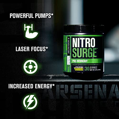 NITROSURGE Pre Workout Supplement - Endless Energy, Instant Strength Gains, Clear Focus, Intense Pumps - Nitric Oxide Booster & Powerful Preworkout Energy Powder - 30 Servings, Cherry Limeade