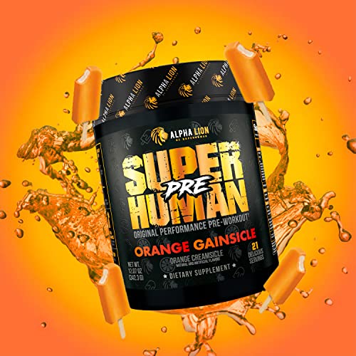 ALPHA LION Superhuman Pre Workout Powder, Beta Alanine, L-Taurine & Tri-Source Caffeine for Sustained Energy & Focus, Nitric Oxide & Citrulline for Pump (21 Servings, Orange Gainsicle)
