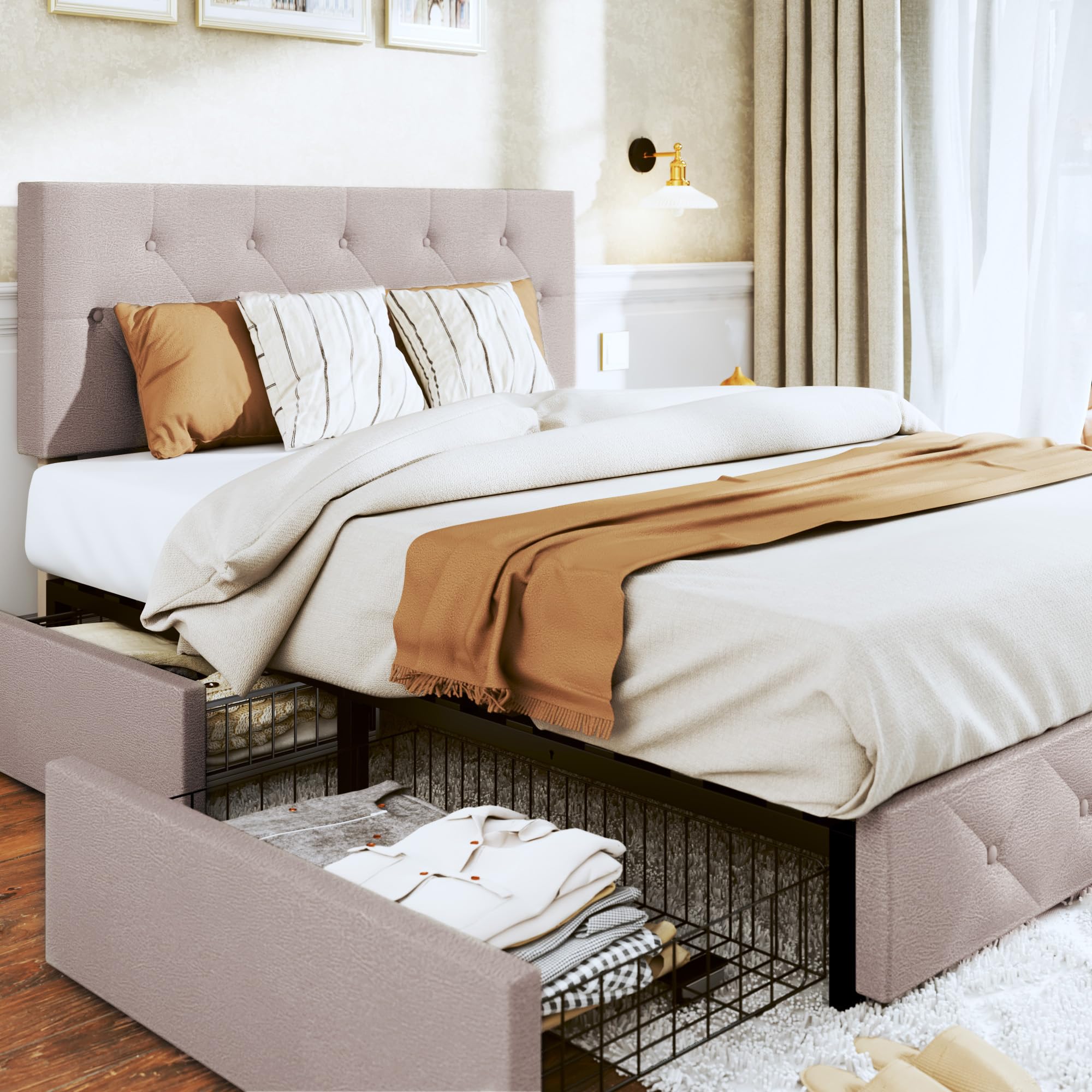 Fluest Full Bed Frame with Headboard Storage Drawers of 4 Upholstered Bed Frame Platform Adjustable Headboard Wooden Slats Support/No Box Spring Needed/Easy Assembly/Mattress Foundation,Beige