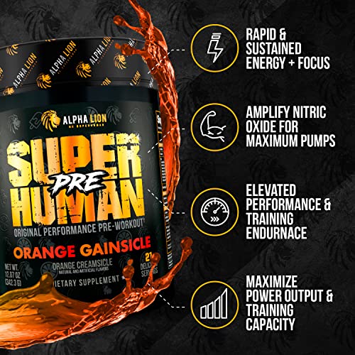 ALPHA LION Superhuman Pre Workout Powder, Beta Alanine, L-Taurine & Tri-Source Caffeine for Sustained Energy & Focus, Nitric Oxide & Citrulline for Pump (21 Servings, Orange Gainsicle)