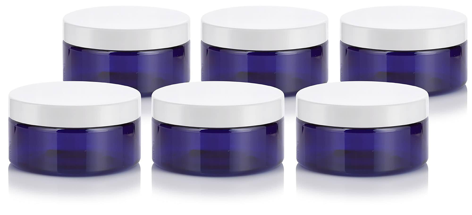 8 oz Cobalt Blue PET Plastic Refillable Low Profile Jar with White Lid (6 pack)