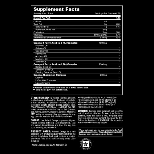 Animal Omega-Omega 3 6 Supplement-Fish Oil,Flaxseed Oil,Salmon Oil,Cod Liver,Herring, and more-10 Sources of Omegas and EFAs -Full dose of EPA,DHA,CLA+Absorption Complex-Pack of 30(Packaging may vary)