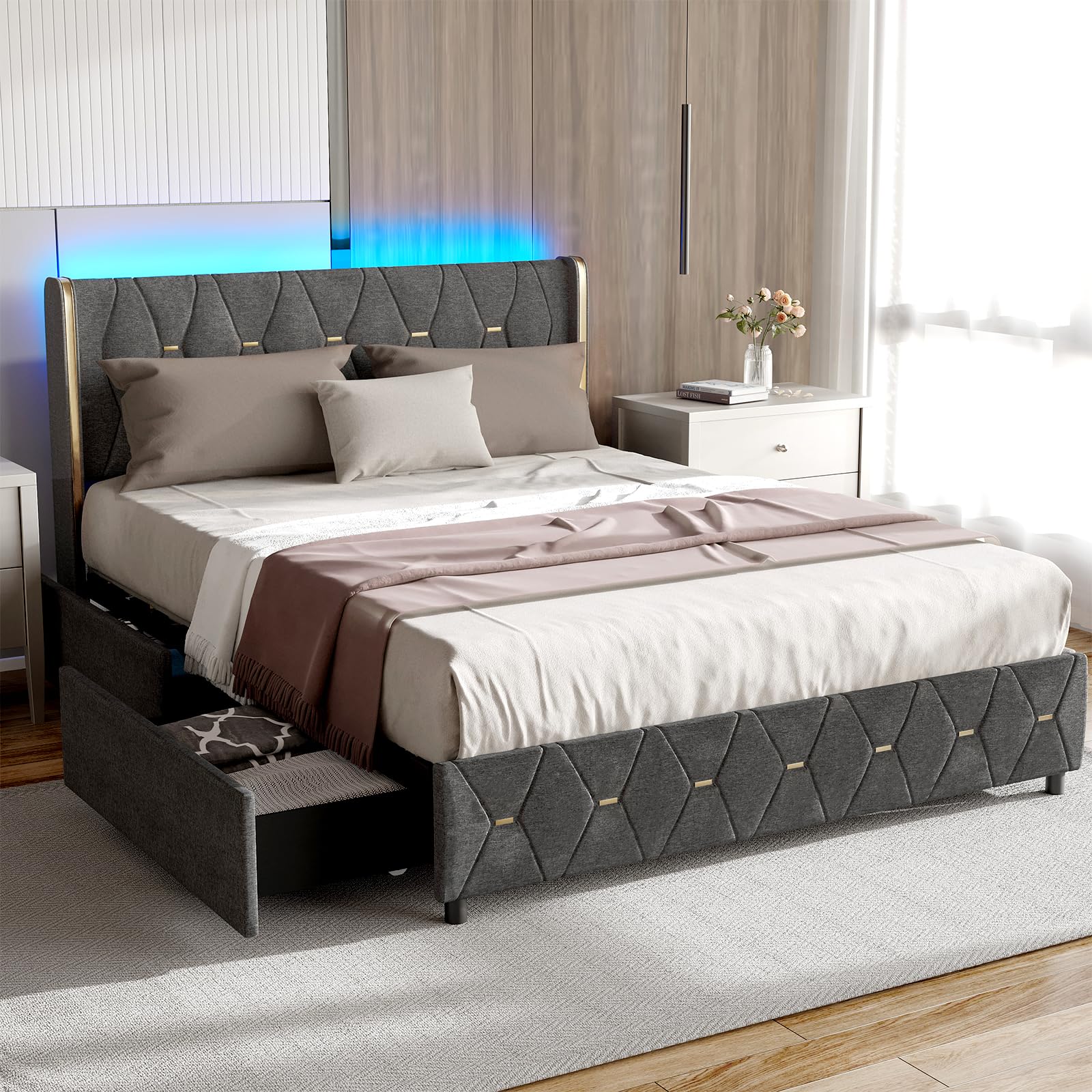 HOMFAMILIA LED Full Bed Frame with 4 Storage Drawers, Upholstered Full Platform Bed with Adjustable LED Lights Headboard, Storage, Noise Free, No Box Spring Needed, Easy Assembly, Dark Grey