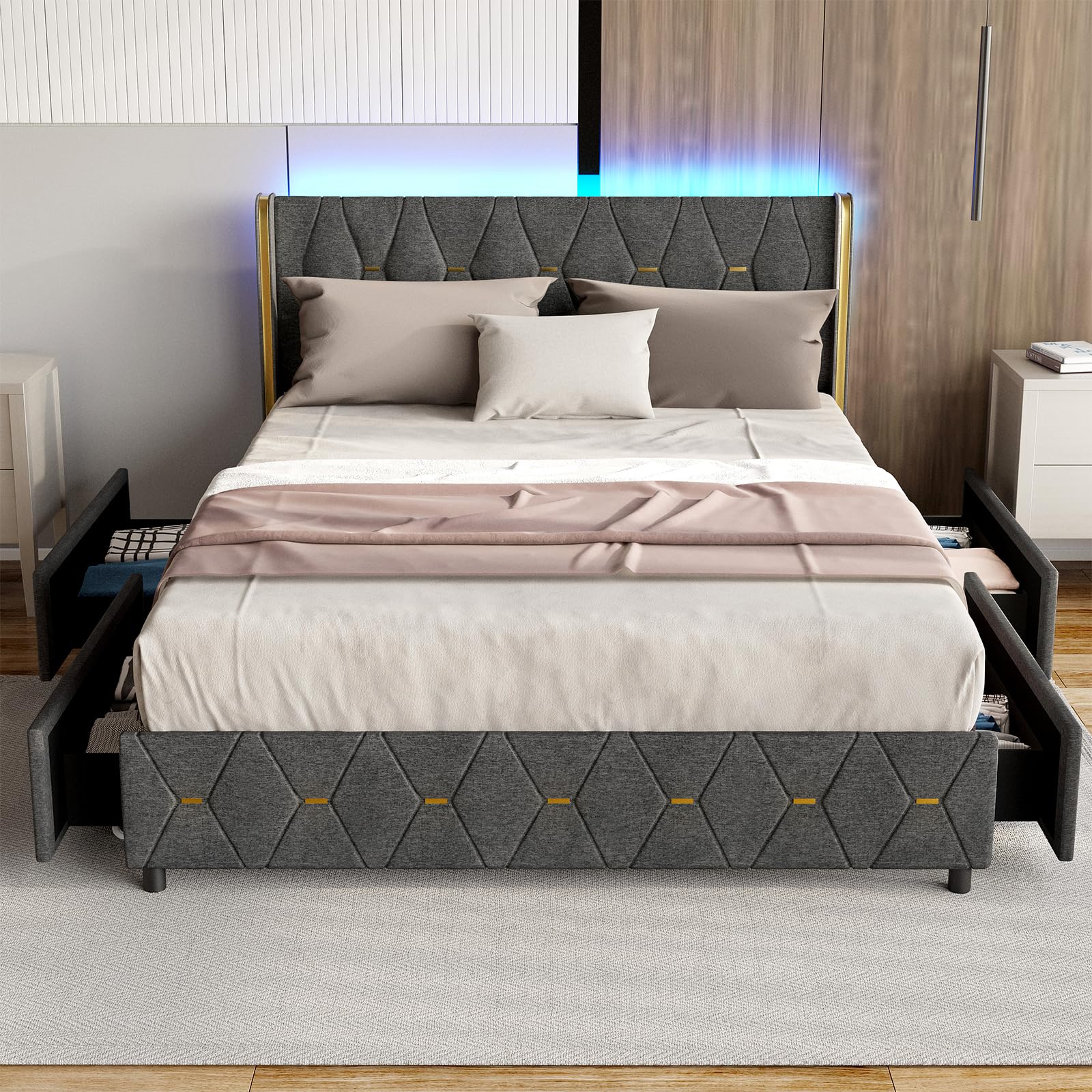 HOMFAMILIA LED Full Bed Frame with 4 Storage Drawers, Upholstered Full Platform Bed with Adjustable LED Lights Headboard, Storage, Noise Free, No Box Spring Needed, Easy Assembly, Dark Grey