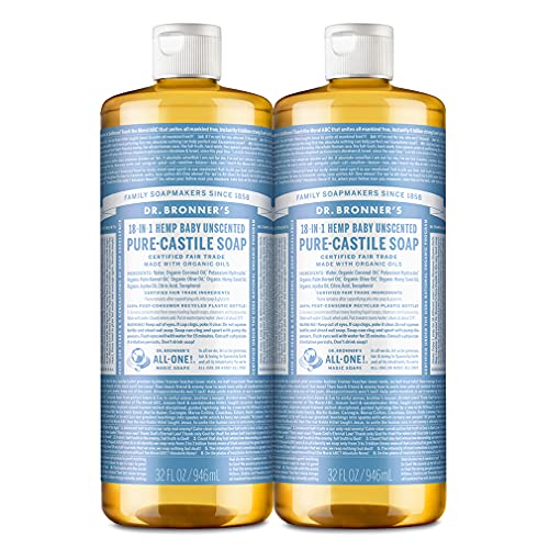Dr. Bronner's - Pure-Castile Liquid Soap (Baby Unscented, 32 ounce, 2-Pack) - Made with Organic Oils, 18-in-1 Uses: Face, Hair, Laundry and Dishes, For Sensitive Skin and Babies, No Added Fragrance