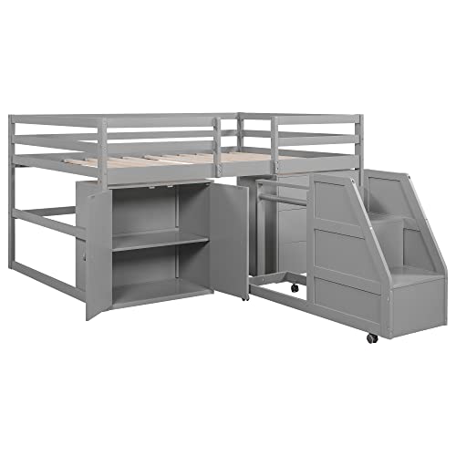 Solid Wood Full-Size Low Loft Bed Frame with Cabinets, Staircase with Hanging Clothes and Drawers for Kids, Pure Gray