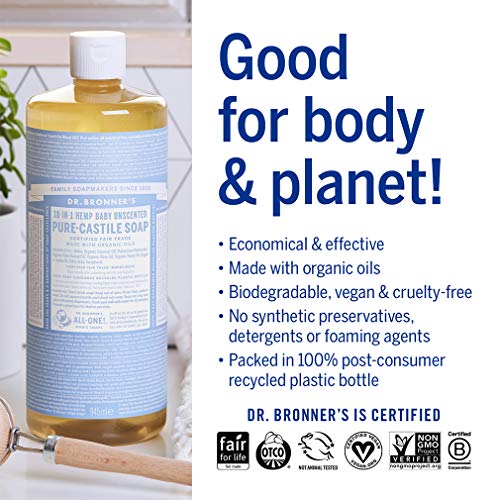 Dr. Bronner's - Pure-Castile Liquid Soap (Baby Unscented, 32 ounce, 2-Pack) - Made with Organic Oils, 18-in-1 Uses: Face, Hair, Laundry and Dishes, For Sensitive Skin and Babies, No Added Fragrance