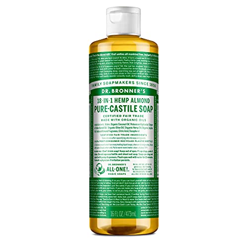Dr. Bronner’s - Pure-Castile Liquid Soap (Almond, 16 ounce) - Made with Organic Oils, 18-in-1 Uses: Face, Body, Hair, Laundry, Pets and Dishes, Concentrated, Vegan, Non-GMO