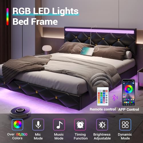 DICTAC Floating Bed Frame Full Size with Headboard and Charging Ports Modern Visual Full Floating Bed with Led Lights Black Faux Leather Upholstered Platform LED Full Bed Frame,No Box Spring Needed