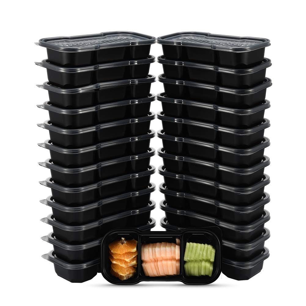 OTOR Bento Boxes Meal Prep Containers 3 Compartments with Clear Airtight Lids Food Grade Deli Container Lunch boxes take away Travel Containers Freezer Safe 16oz 25 Sets